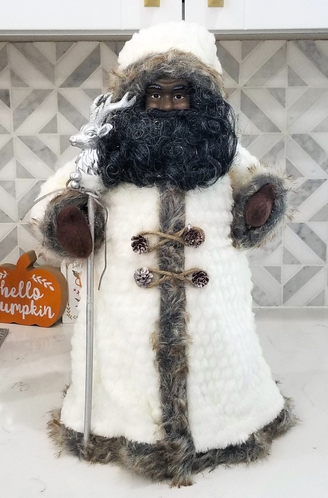 Black Santa Christmas Tree Topper Figure Doll Ivory Faux Fur Deer Staff ...