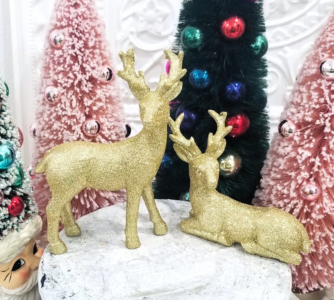 Vibrant Gold Glitter Deer Christmas Figurines Sparkly Bling - Reindeer ...