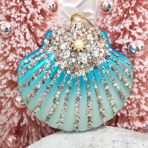 Jeweled Seashell Christmas Ornaments Blue Embellished Sequins Pearls - Etsy