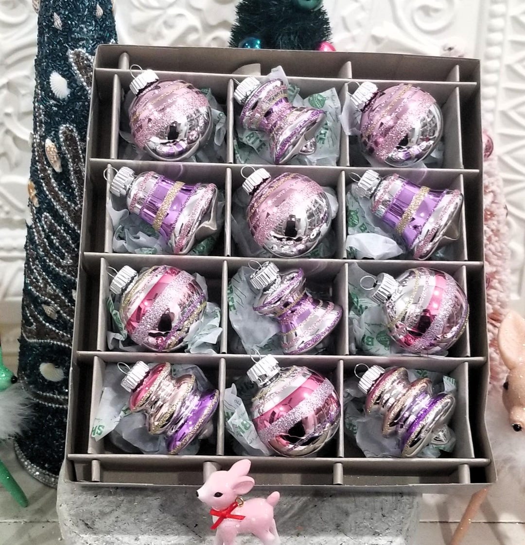 12 Shiny Brite Pastel Pink Purple Atomics Round Bells Stripe Christmas ...