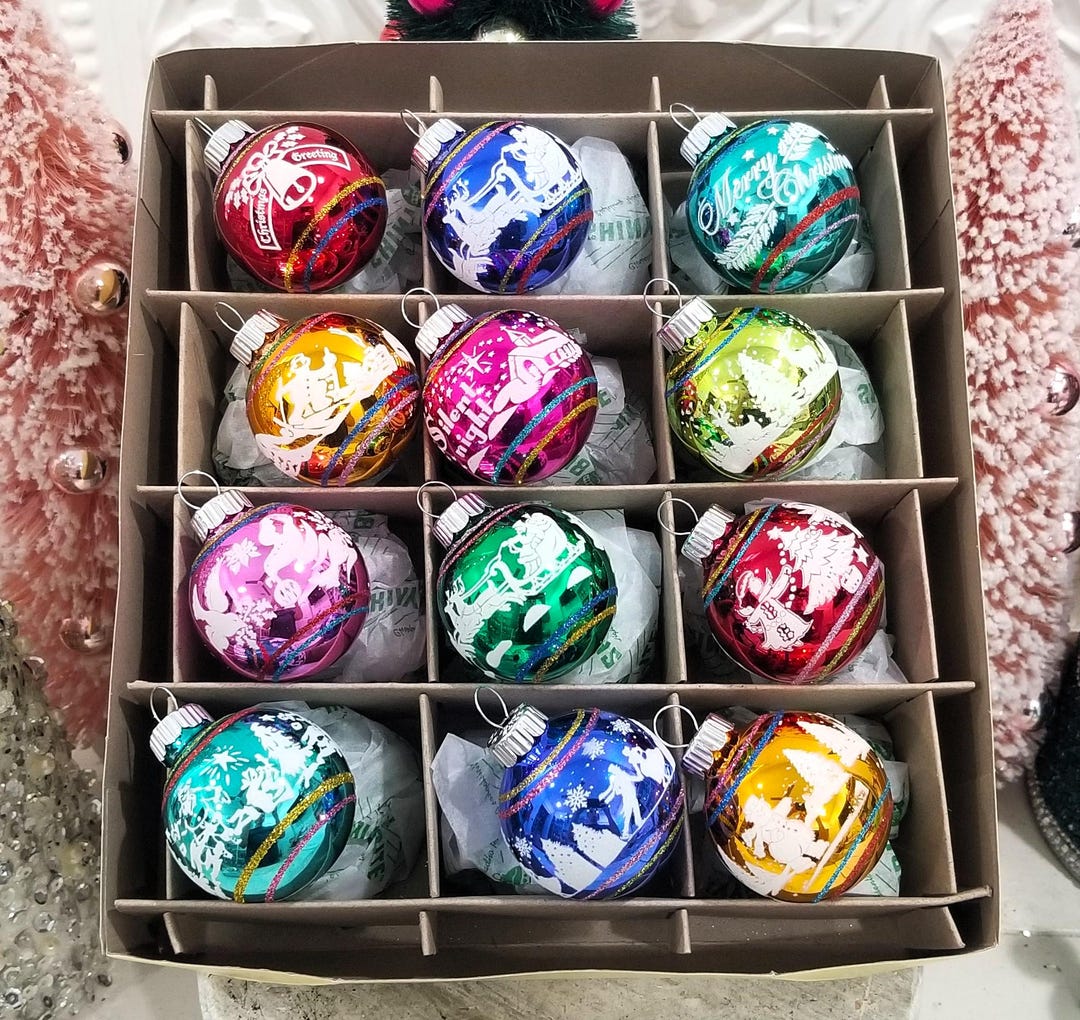 12 Shiny Brite Glass Round Flocked Stencil Christmas Ornaments ...