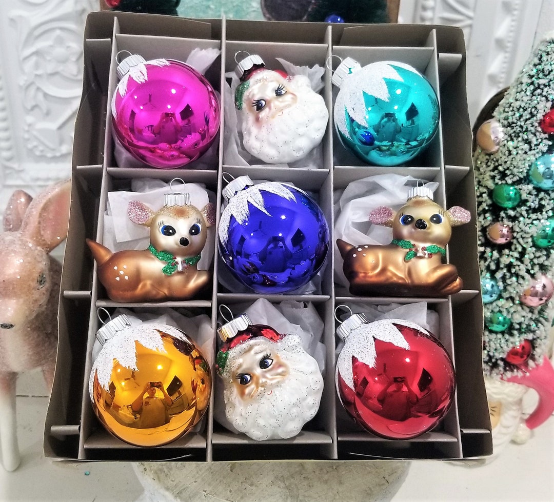 9 Shiny Brite Santa Deer Round Christmas Ornaments - Christopher Radko ...