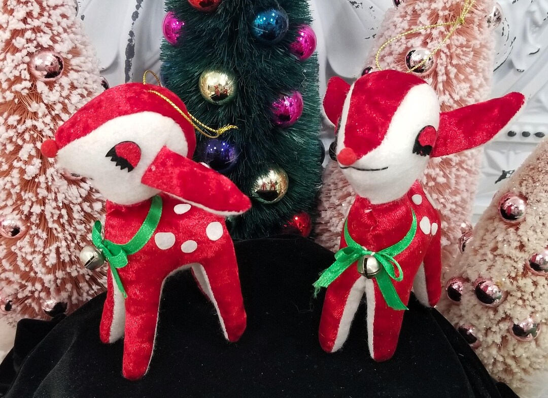 Plush Red Fawn Deer Christmas Ornaments Kitsch - Green Bow - Etsy