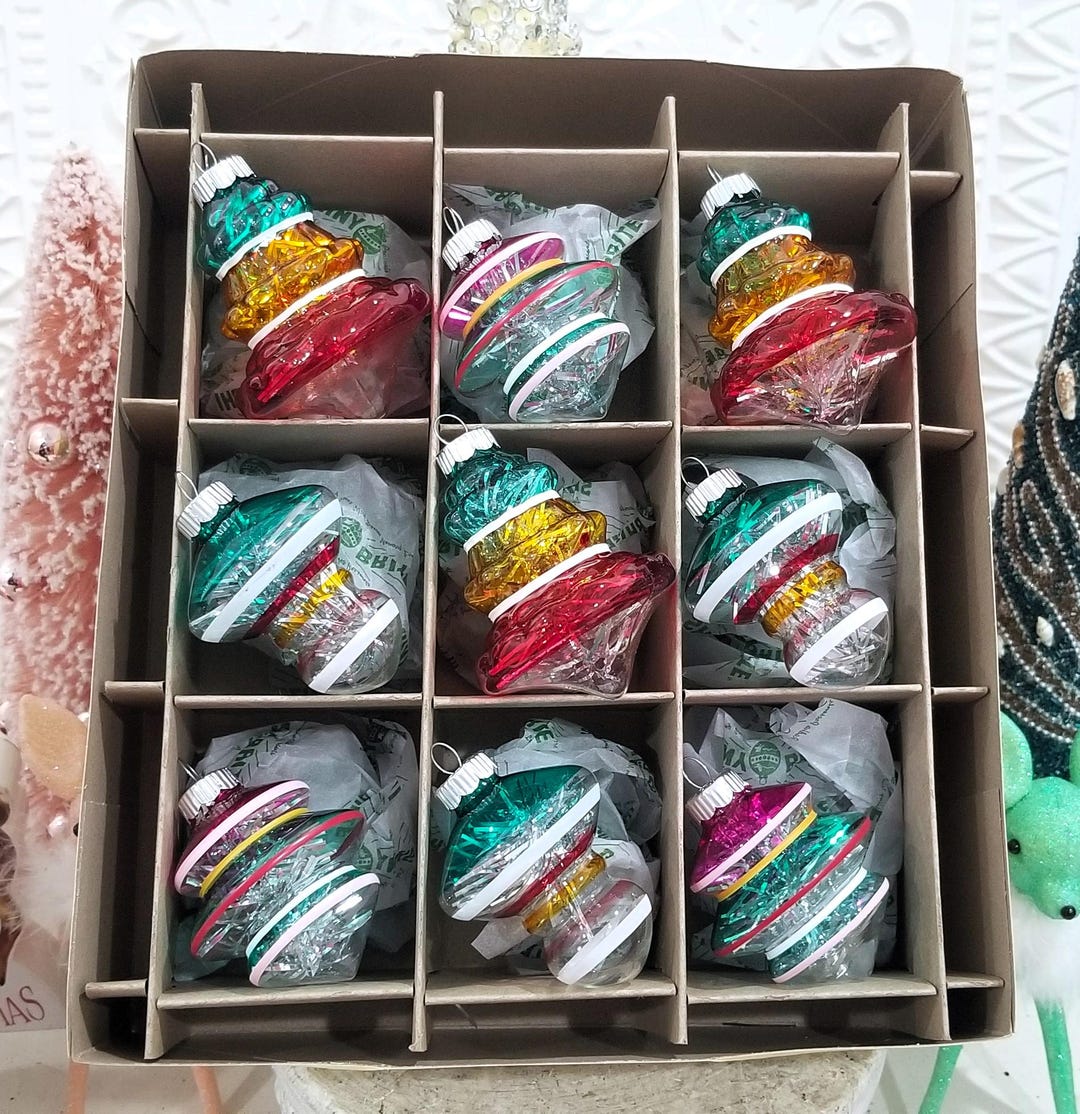 9 Shiny Brite Atomic Retro Stripe UNSILVERED Tinsel Glass Ornament Pink ...