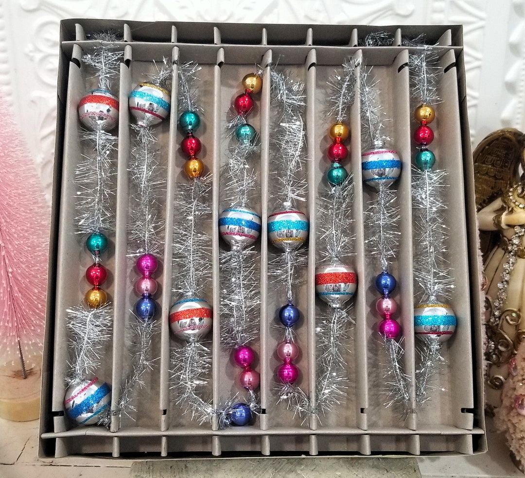Shiny Brite Tinsel Garland Beaded Mercury Glass Ornaments Stripe Multi ...