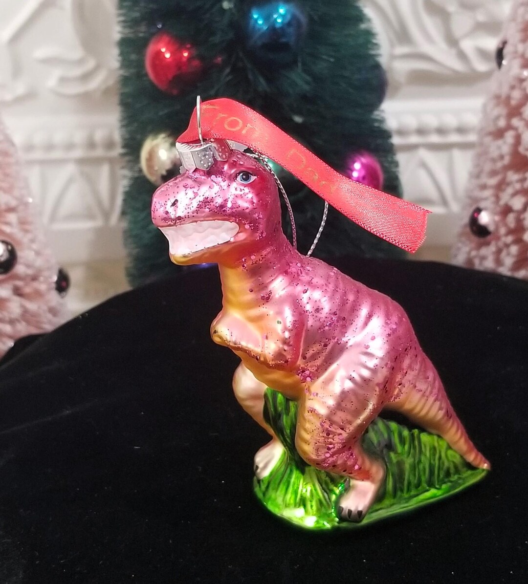 Blown Glass Pink T-rex Dinosaur Glittered Christmas Ornament ...