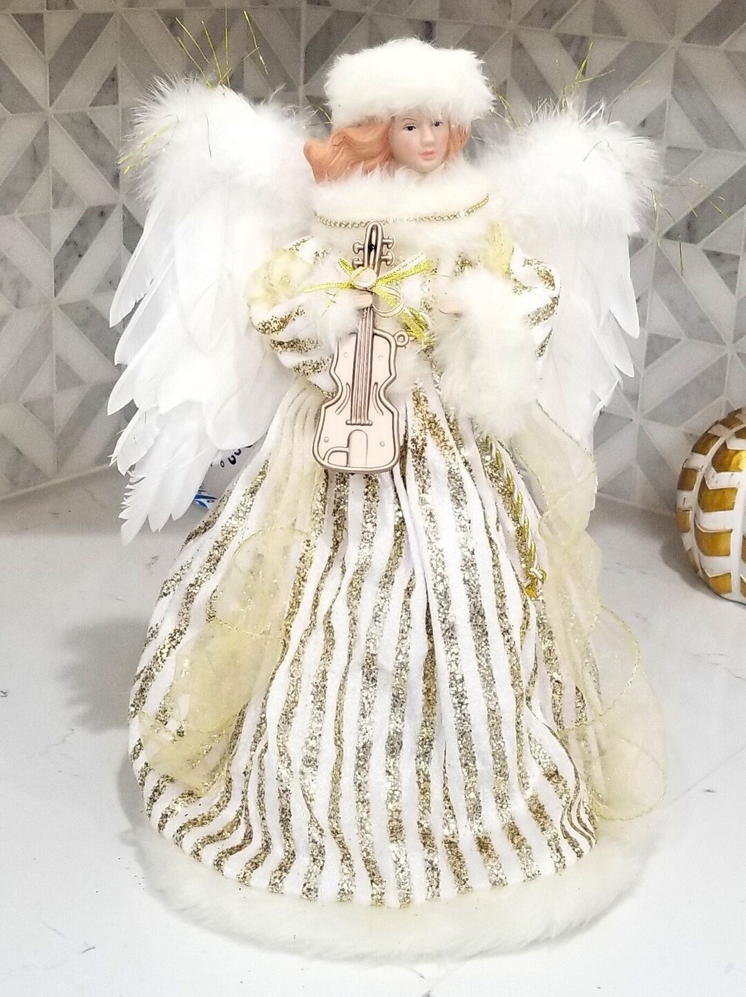 Heavenly Jeweled White Faux Fur Angel Christmas Tree Topper Gold ...