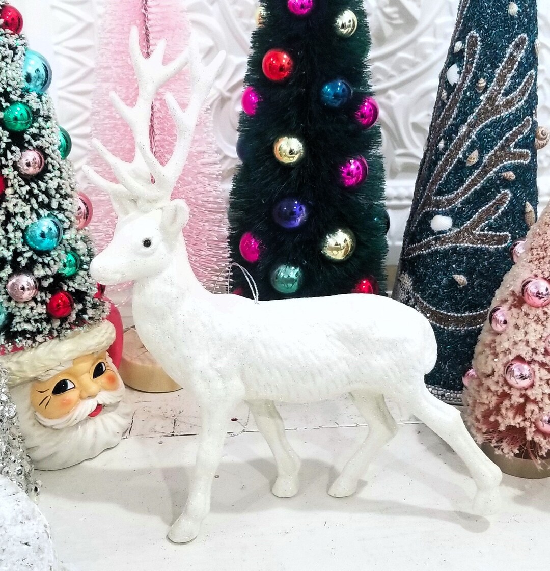 LARGE Flocked White Reindeer Christmas Ornament Buck Glitter 12" - Etsy