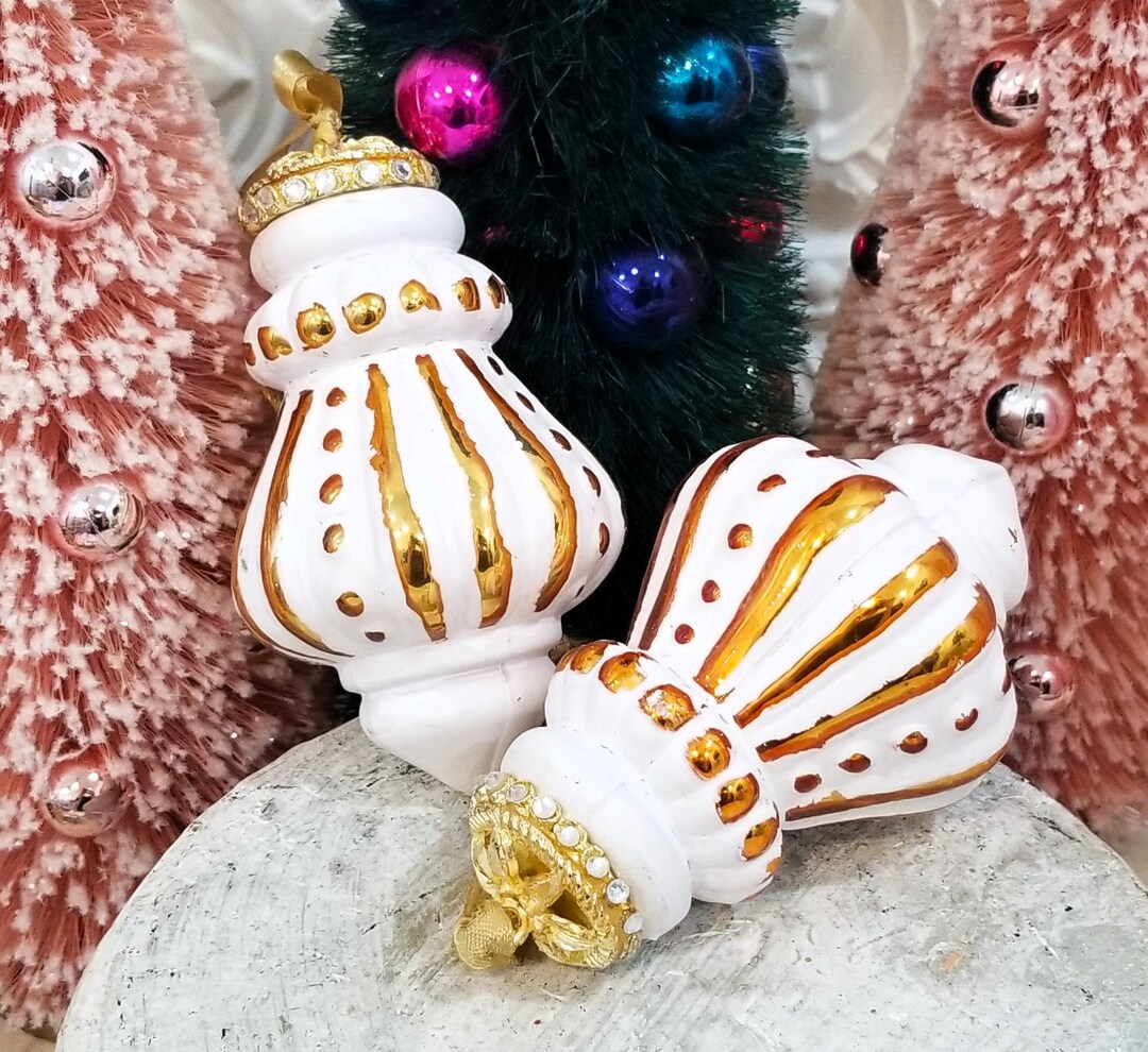 Jeweled Gold & White Distressed Mercury Glass Finial Christmas ...
