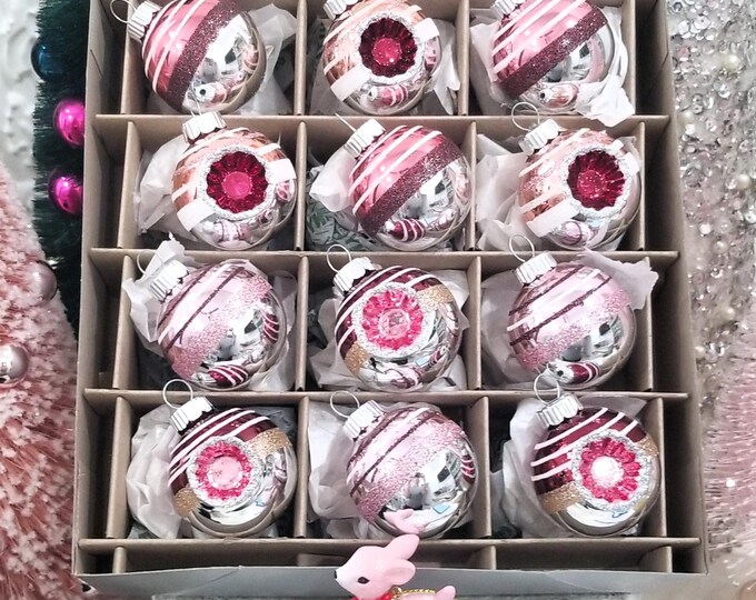 12 Shiny Brite Pink Reflector Indent Round Stripe Christmas Ornaments ...