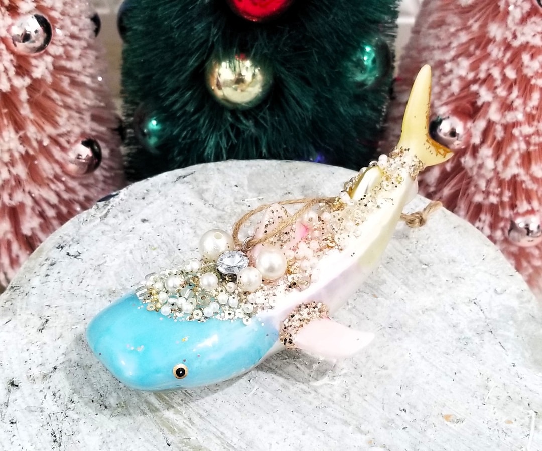 Jeweled Blown Glass Whale Shark Christmas Ornament - Pearls Glitter ...