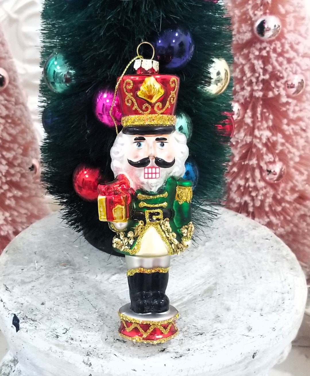 Blown Glass Nutcracker Toy Soldier Holding Gift Christmas Ornament Red ...