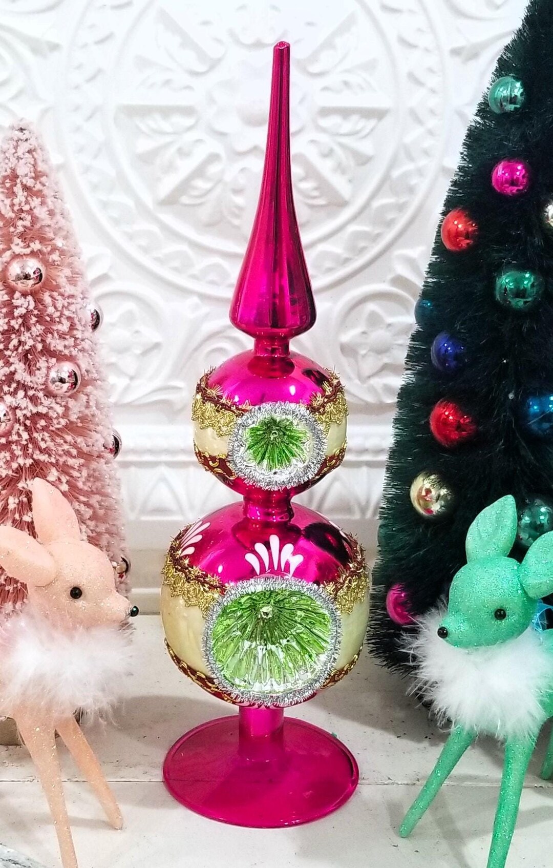 Pink Reflector Glass Finial Stand Green Indent Stenciled Double - Etsy