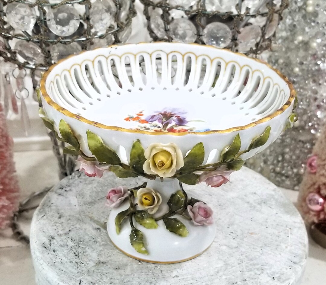 Von Schierholtz Porcelain Dresden Footed Compote Floral Majolica ...