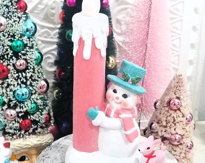Retro Pink Snowman Lighted Sugarcoat Candle Christmas Figurine Kitsch ...