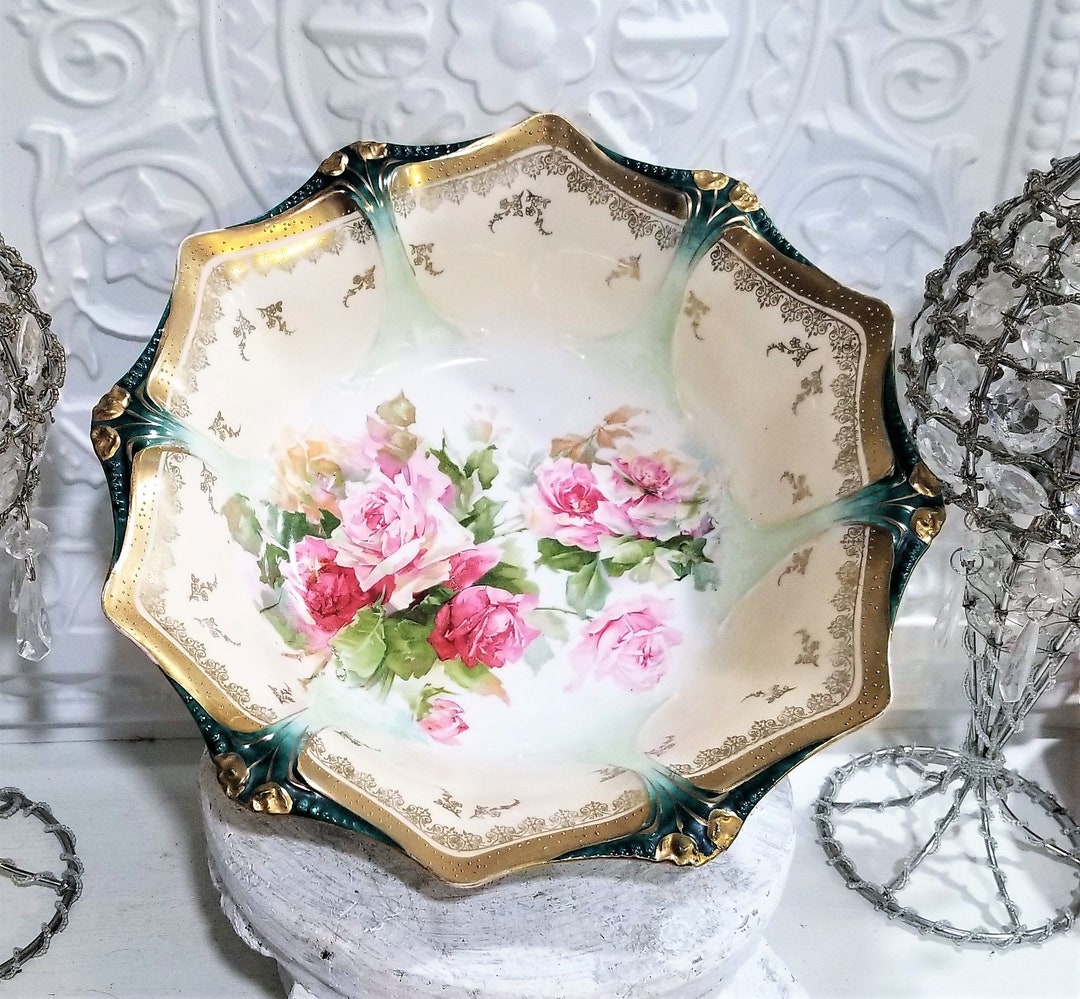 RS Prussia Antique Pink Roses Gold Damask Beaded Molded Large Bowl ...