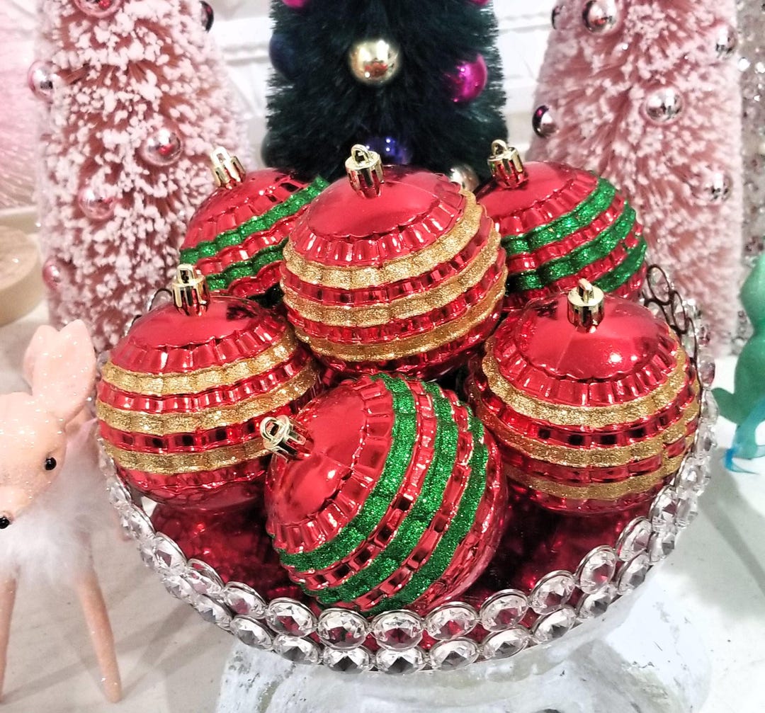 6 Green & Red Ribbon Christmas Ornament Balls Gold Glitter - Etsy