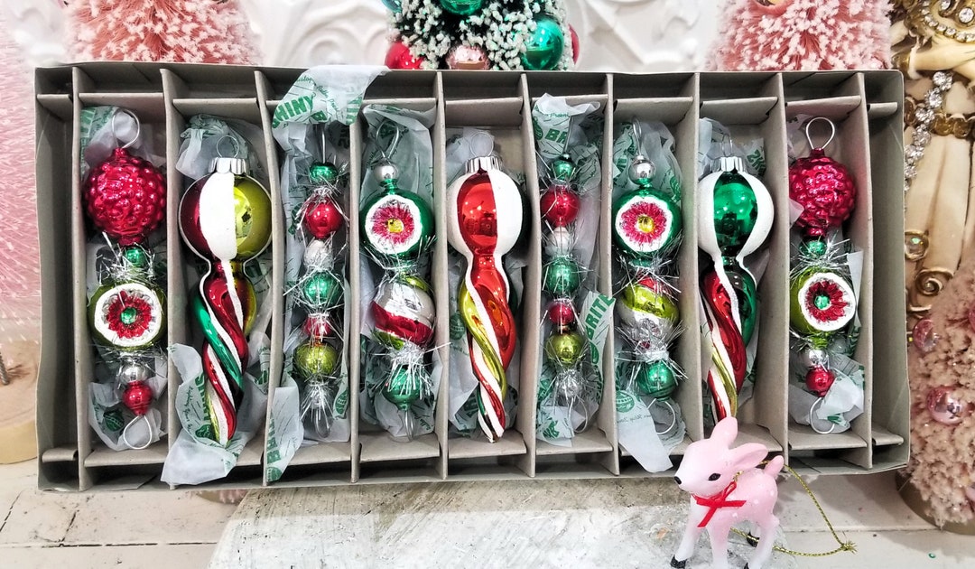 9 Shiny Brite Glass Icicle Teardrop Indent Red & Green Christmas ...
