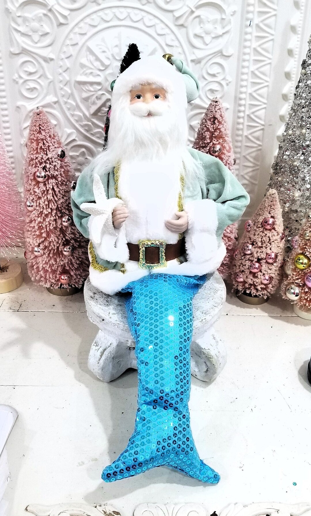 Porcelain Merman Santa Shelf Sitter Figurine - Mermaid Coastal Nautical ...