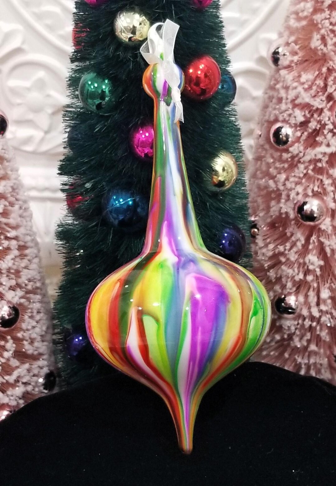 Hand Blown Colorful Teardrop Finial Christmas Ornament Rainbow Tie-dye ...