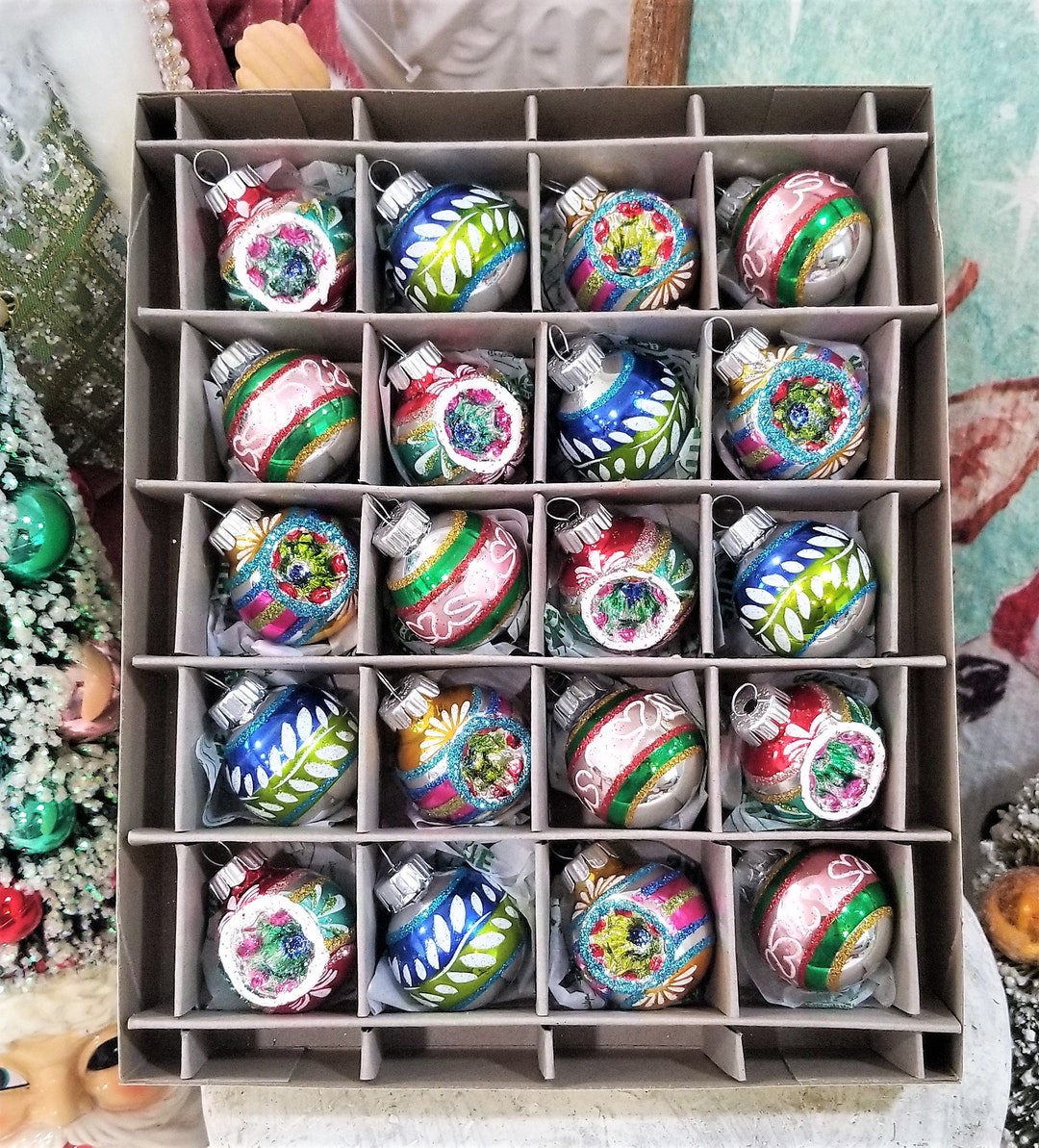 20 Shiny Brite Glass Indent Round Squiggle Stencil Christmas Ornaments ...
