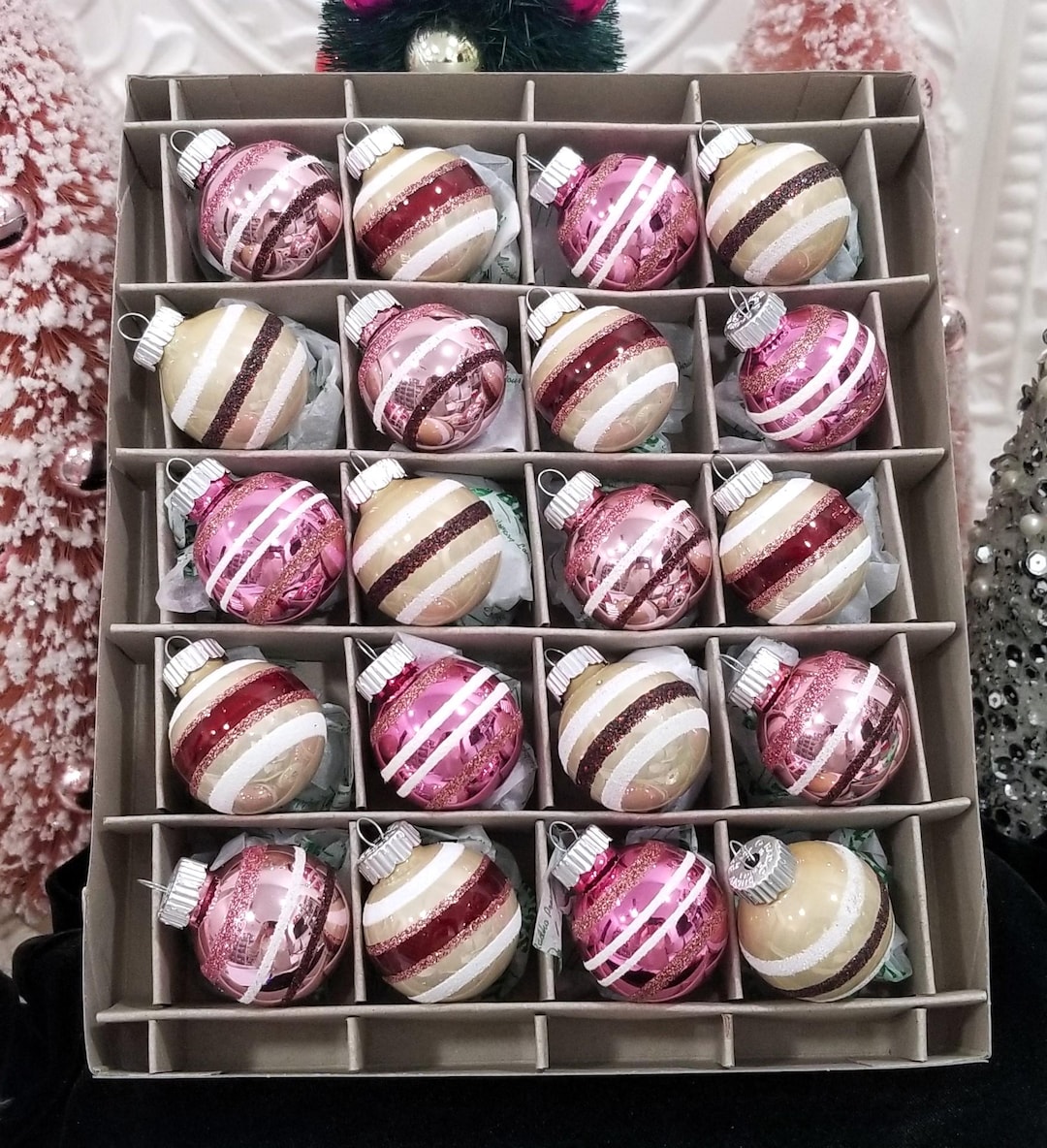 20 Pink & Tan SHINY BRITE Feather Tree Christmas Ornaments ...