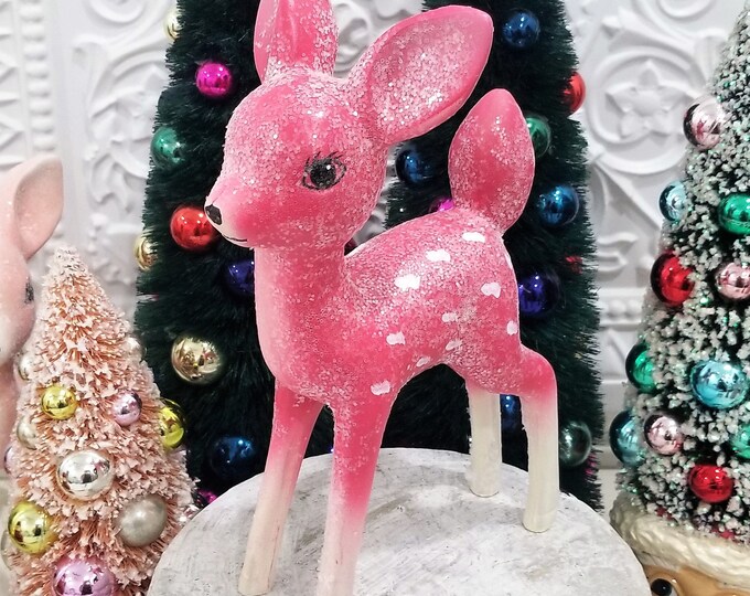 Strawberry Pink Kitsch Deer Christmas Figurine 9.75" Fawn Glitter - Etsy