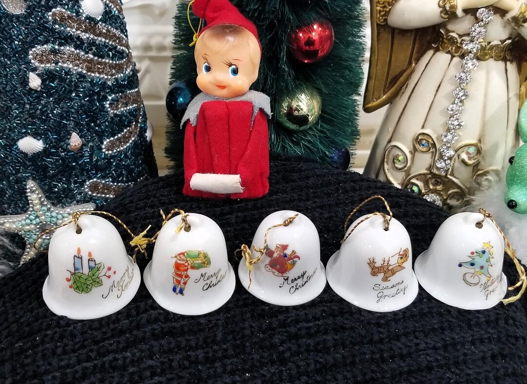 Vintage Porcelain Japan Miniature Christmas Bell Ornaments Santa ...