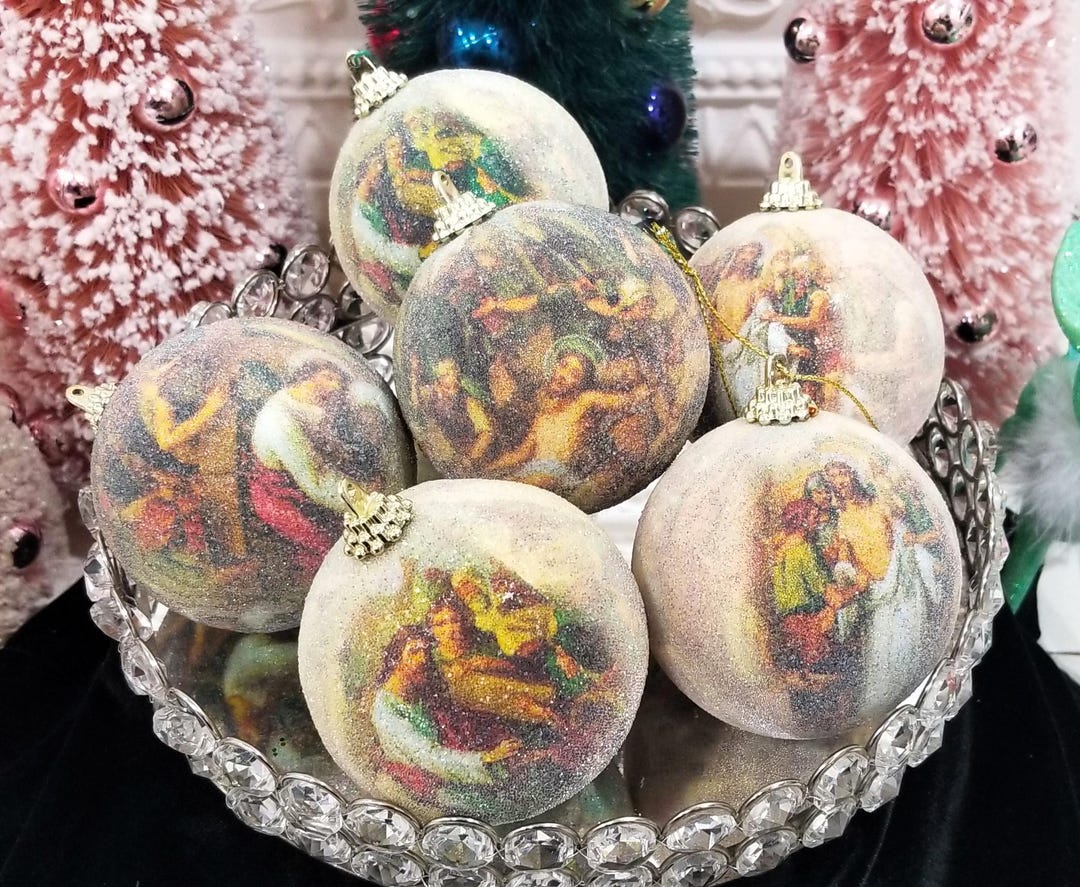 Vintage Jesus Nativity Frosted Decoupage Christmas Ornament Balls ...