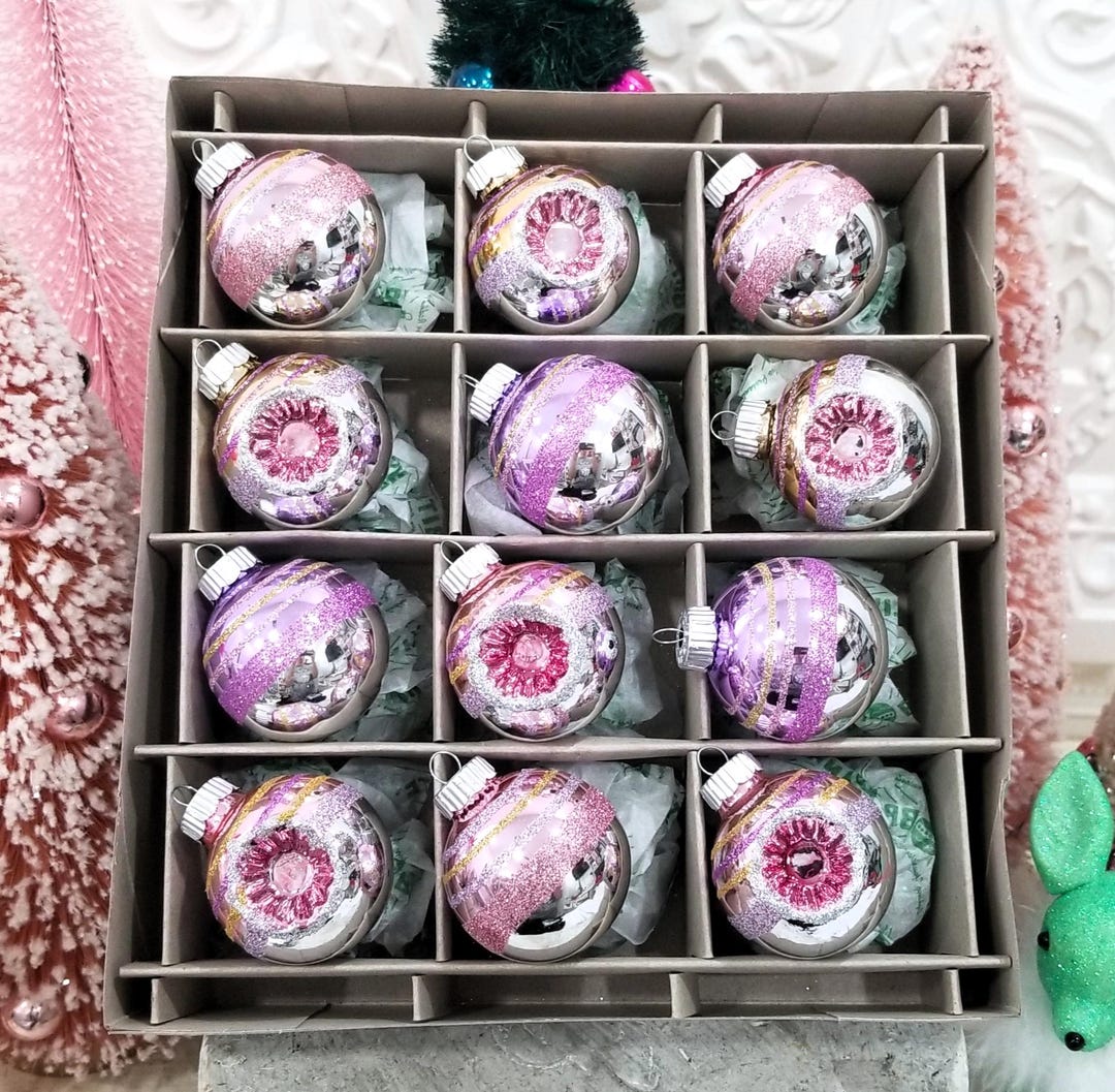 12 Shiny Brite Pink Purple Reflector Indent Round Stripe Christmas ...