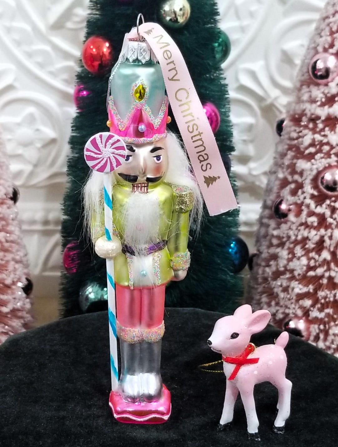 Blown Glass Pink & Green Candy Nutcracker Soldier Christmas Ornament ...