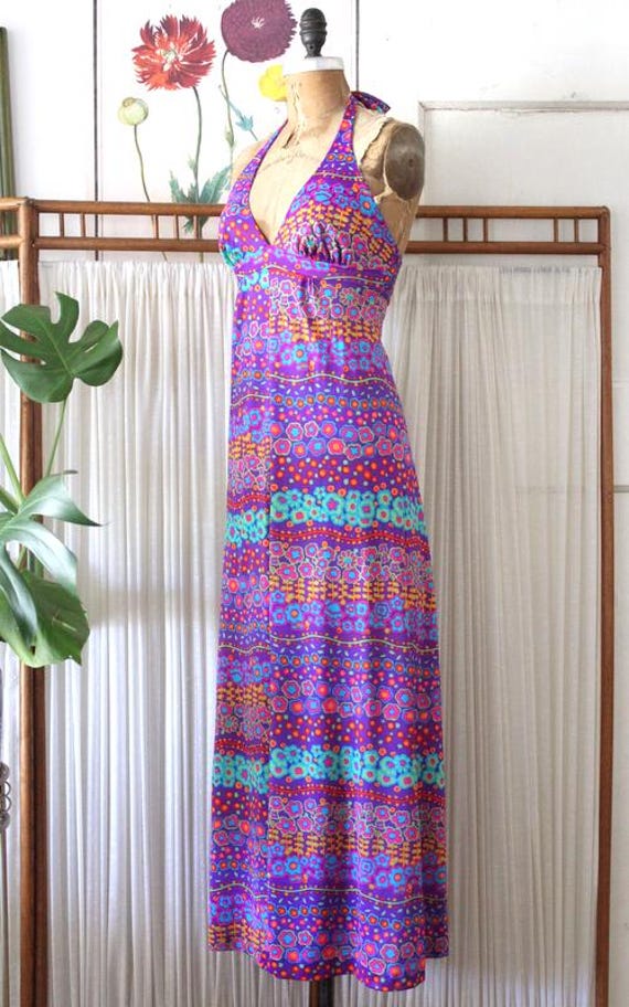 Vintage 1970s Purple Floral Maxi Dress / 70s Psychede… - Gem