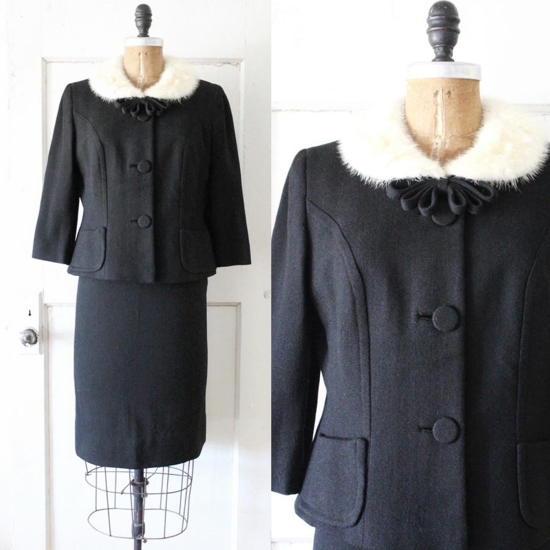 Vintage 1950s Black Wool Suit / 50s Black Suit Set With Fur Collar ...