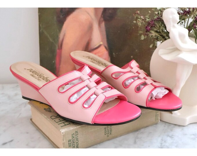 Vintage 1970s Pink Wedge Sandals / 70s Two Tone Pink Leather Cutout ...