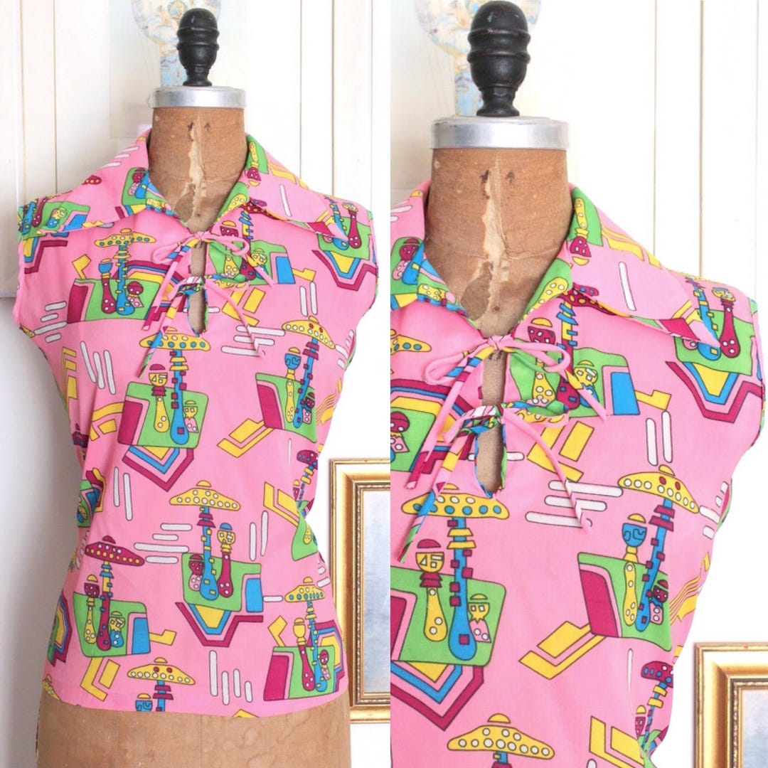 Vintage 1970s Neon Novelty Print Blouse / 70s Colorful Housewares Print ...