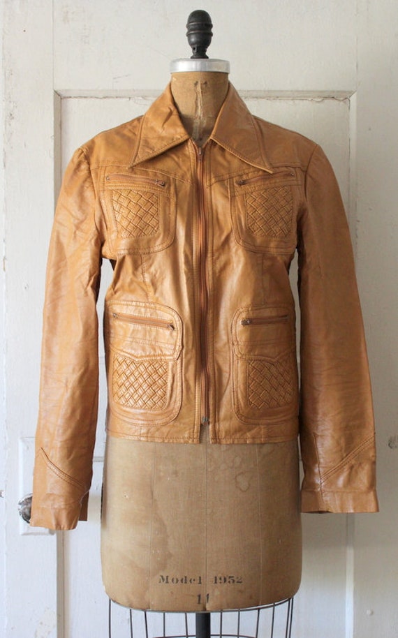 Vintage 1970s Tan Faux Leather Jacket / 70s Polyureth… - Gem