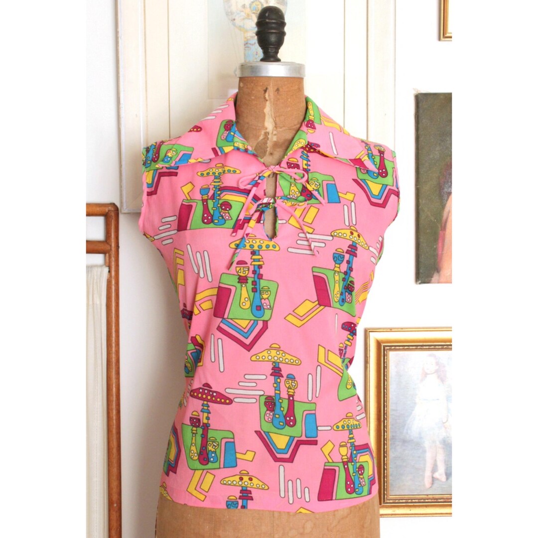 Vintage 1970s Neon Novelty Print Blouse / 70s Colorful Housewares Print ...