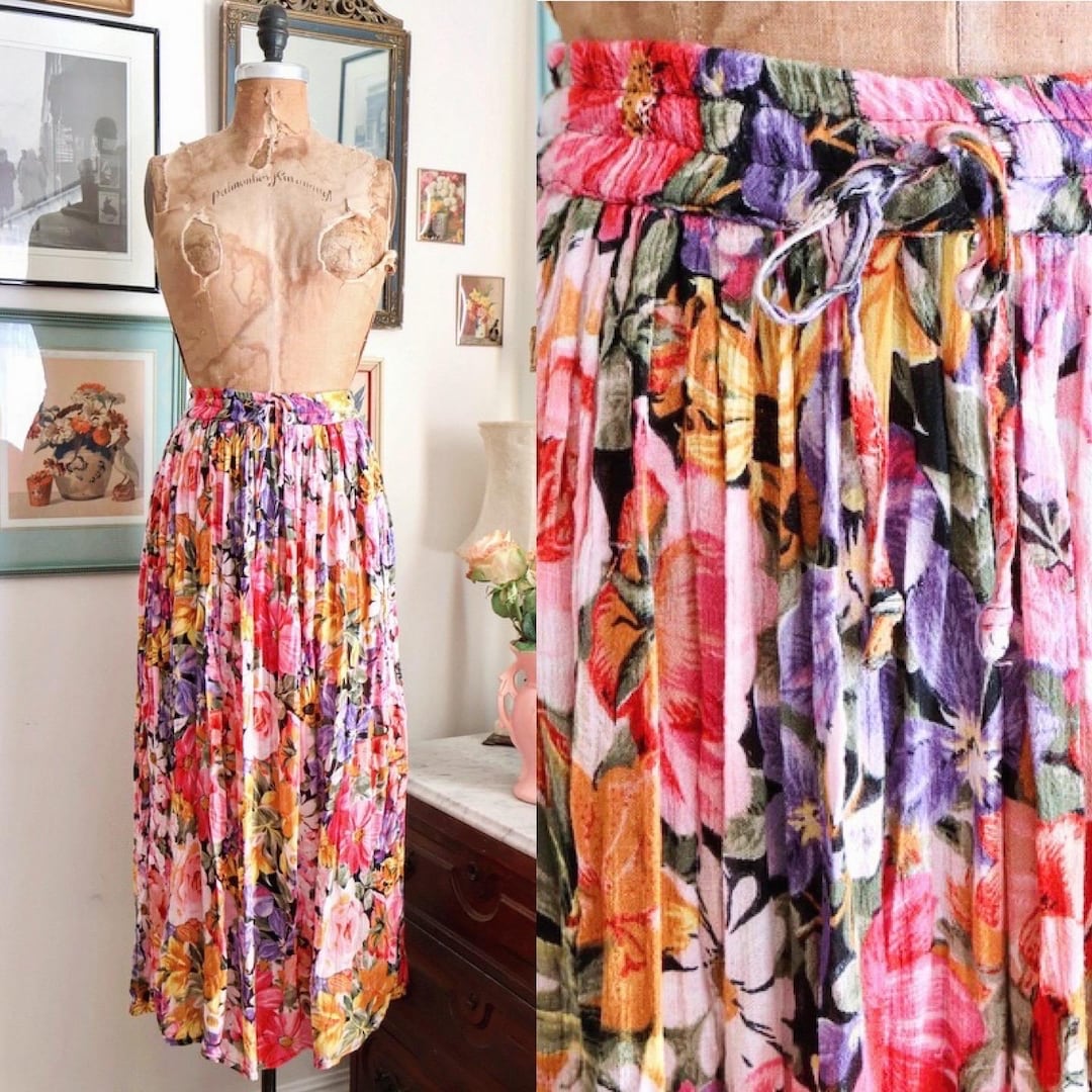 Vintage 1990s Floral Print Skirt / 90s Colorful Floral Crinkled Rayon ...