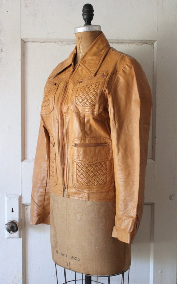 Vintage 1970s Tan Faux Leather Jacket / 70s Polyureth… - Gem