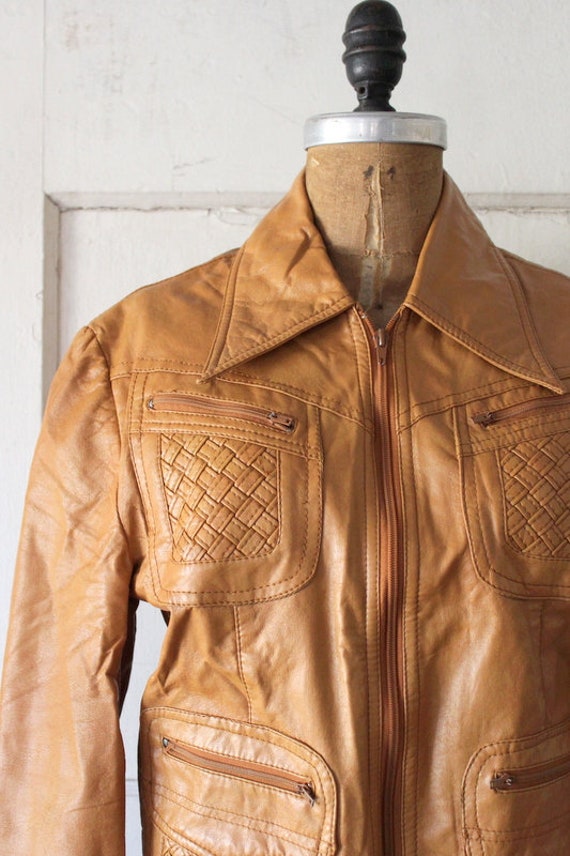 Vintage 1970s Tan Faux Leather Jacket / 70s Polyureth… - Gem