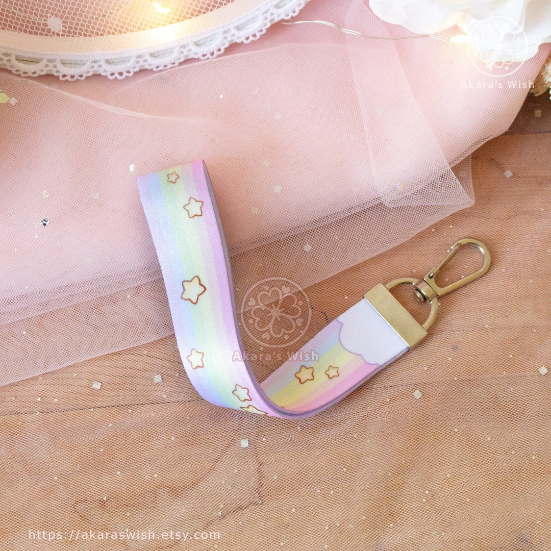 Pastel Rainbow Wrist Lanyard Kawaii Stars Cloud Short Lanyard With ...