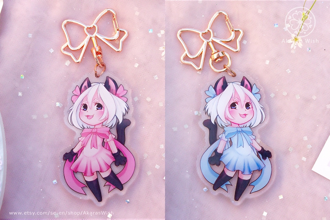 Keychain Yuzu Anime Chibi Pink Blue Dress Kitty 3 Inch Double-sided ...