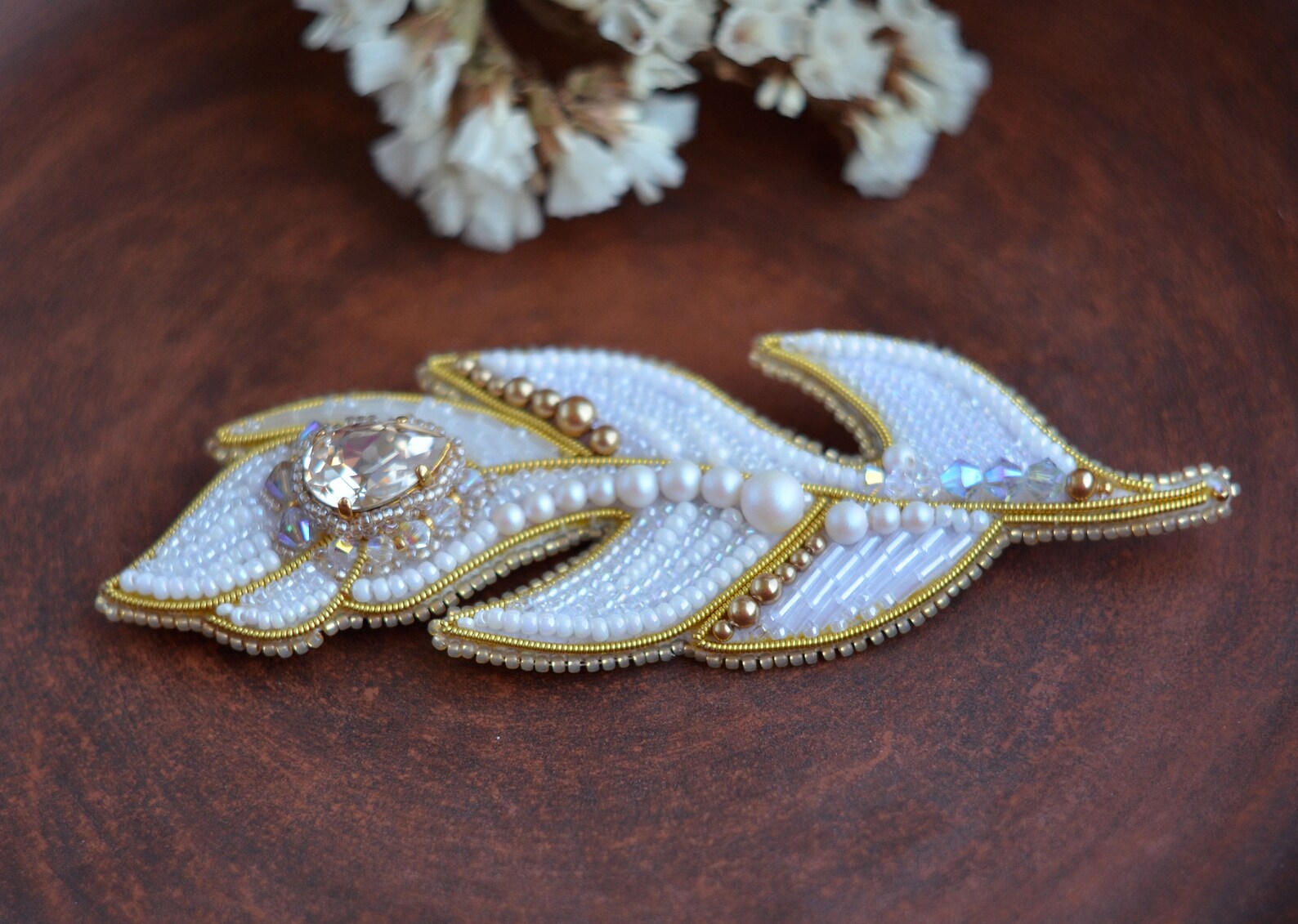 White and Gold Feather Pin Brooch Bead Embroidery Jewelry - Etsy