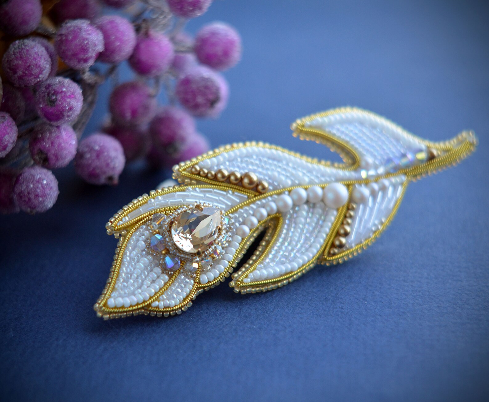 White and Gold Feather Pin Brooch Bead Embroidery Jewelry - Etsy