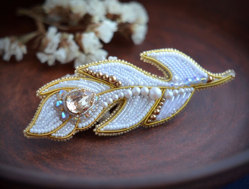 White and Gold Feather Pin Brooch Bead Embroidery Jewelry - Etsy