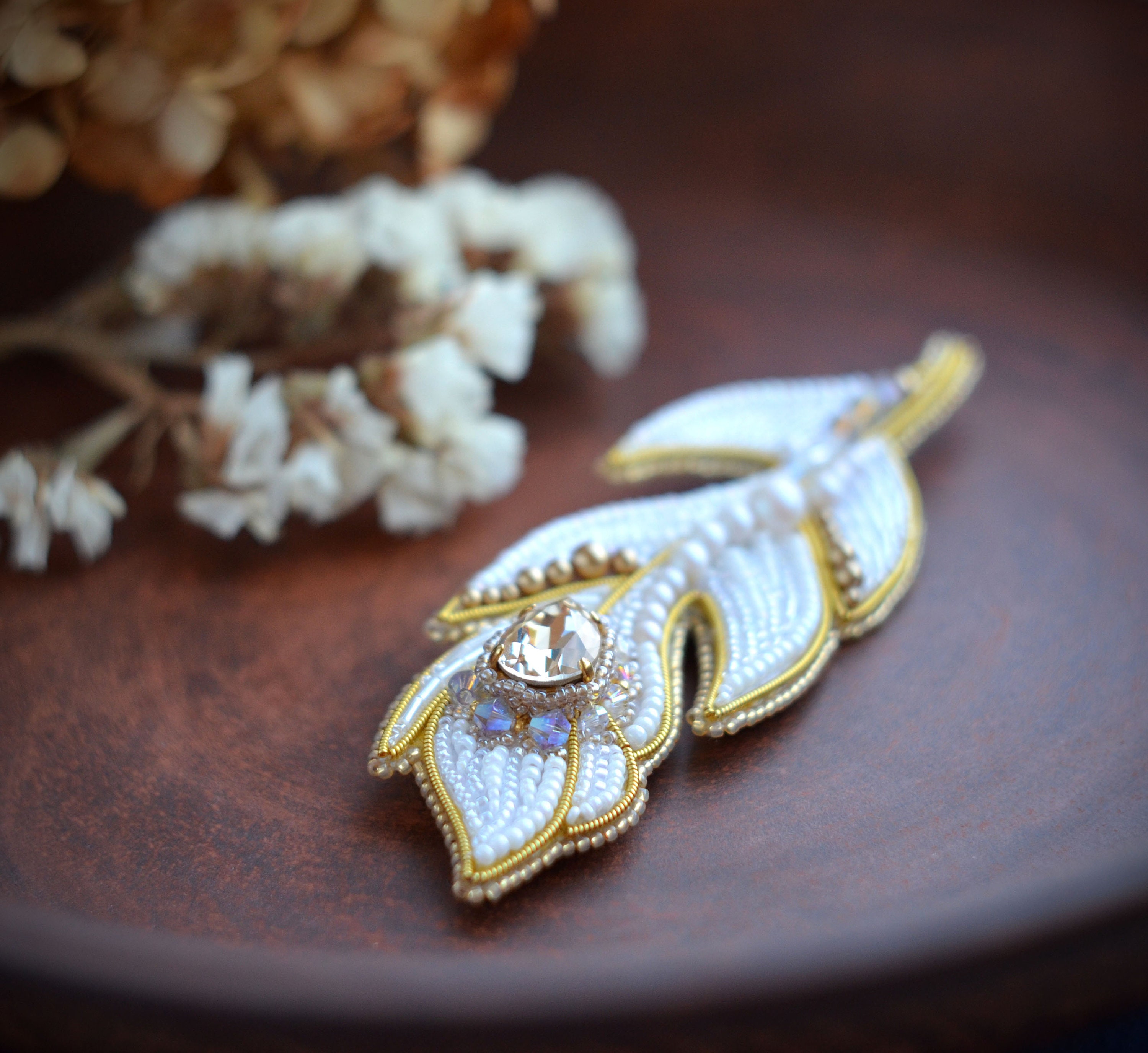 White and Gold Feather Pin Brooch Bead Embroidery Jewelry - Etsy