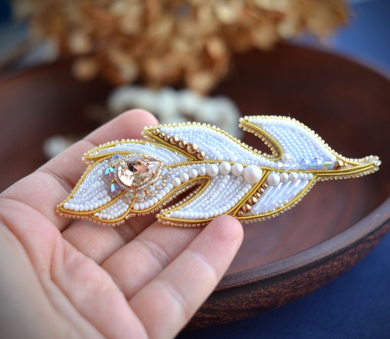 White and Gold Feather Pin Brooch Bead Embroidery Jewelry - Etsy