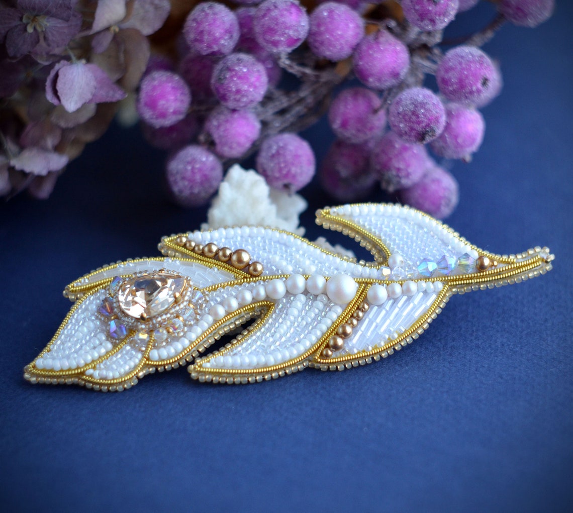 White and Gold Feather Pin Brooch Bead Embroidery Jewelry | Etsy