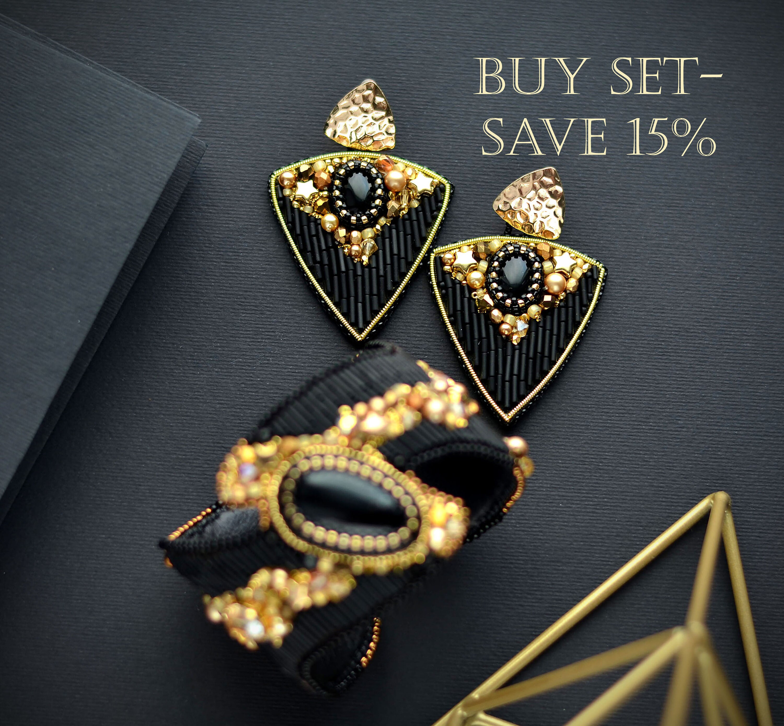 Black and Gold Jewelry Set Bead Embroidery Bracelet and Earrings Set ...