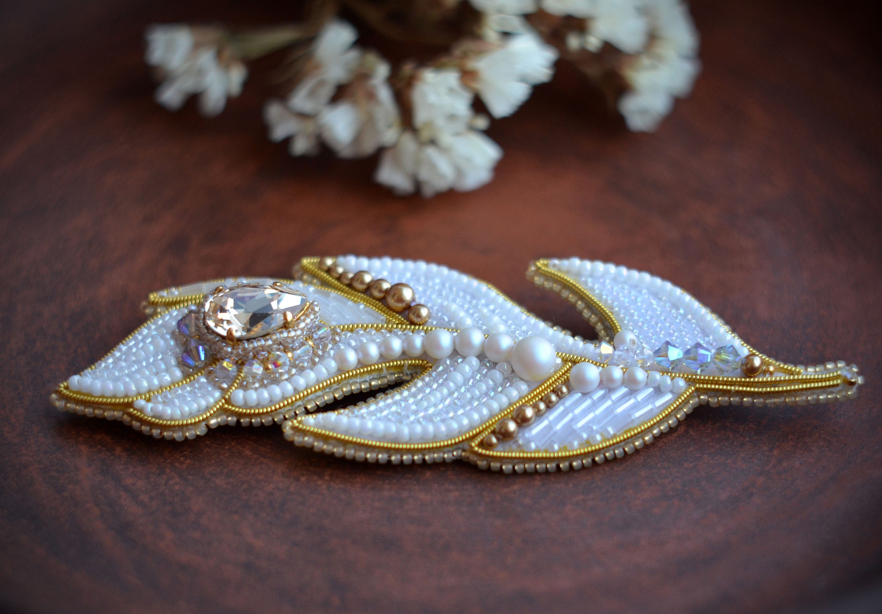 White and Gold Feather Pin Brooch Bead Embroidery Jewelry - Etsy